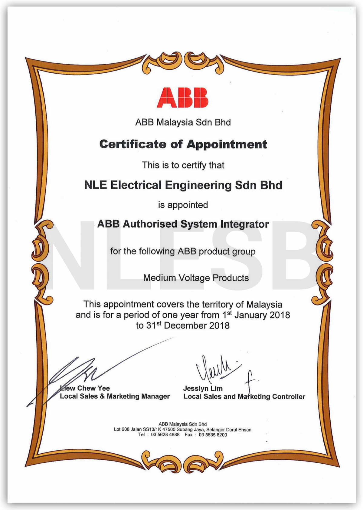 CERTIFICATE – NLE Electrical Engineering Sdn. Bhd.