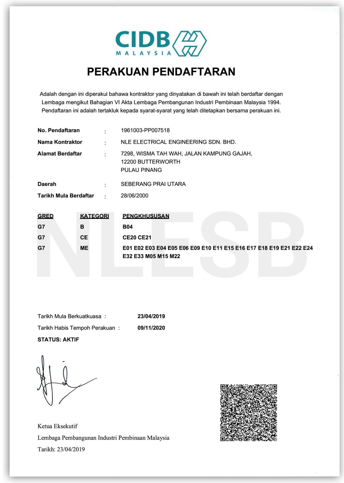 CERTIFICATE – NLE Electrical Engineering Sdn. Bhd.