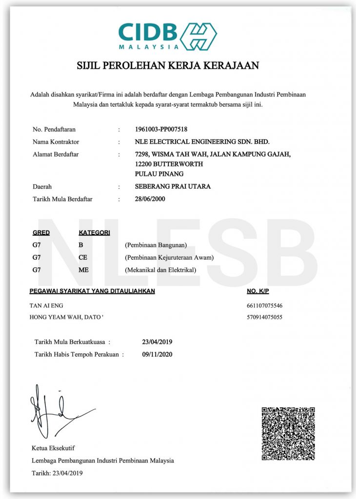 CERTIFICATE – NLE Electrical Engineering Sdn. Bhd.